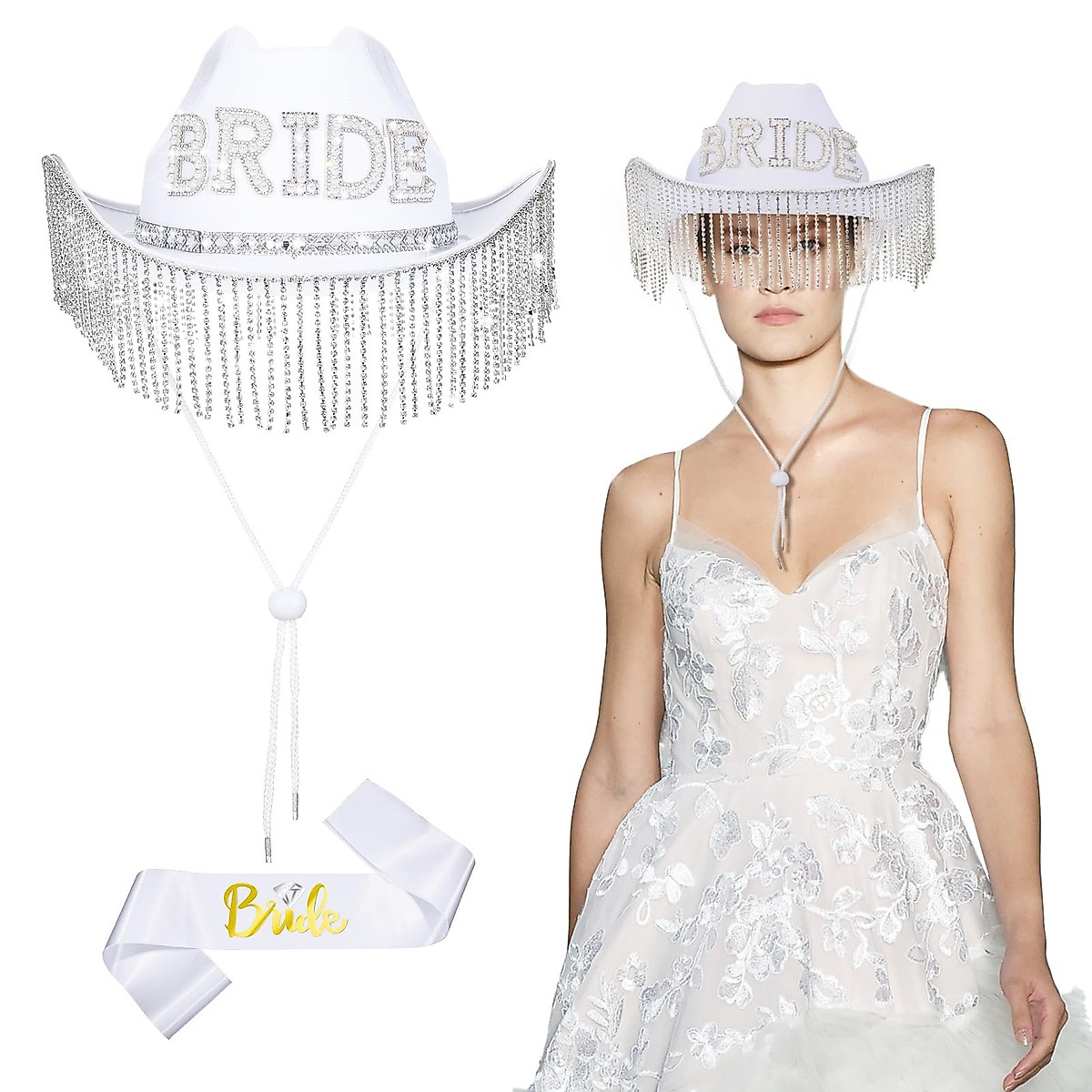 Patelai Bride Cowgirl Hat Rhinestone White Bride Cowboy Hat with Sash, Bachelorette Party Decoration, Wedding Bridal Gift(Strip Rhinestone Fringe)