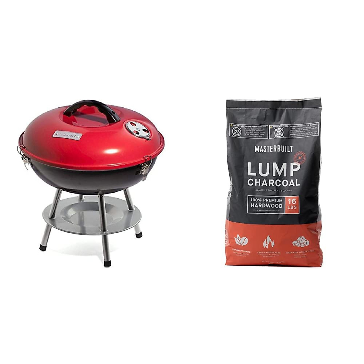 Cuisinart CCG190RB Inch BBQ, 14" x 14" x 15", Portable Charcoal Grill, 14" (Red) & Masterbuilt MB20091621 Lump Charcoal 16 Pound, Black