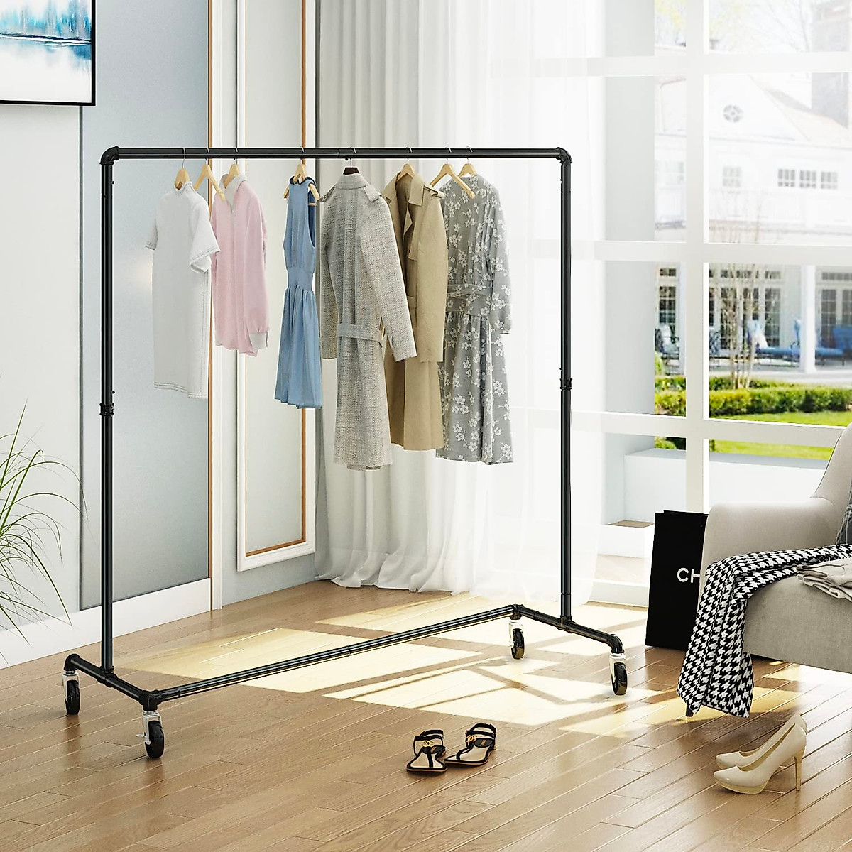 GREENSTELL Clothes Rack, Z Base Garment Rack, Industrial Pipe Clothing Rack on Wheels with Brakes, Commercial Grade Heavy Duty Sturdy Metal Rolling Clothing Coat Rack Holder 2 Packs (59x24x63 inch)