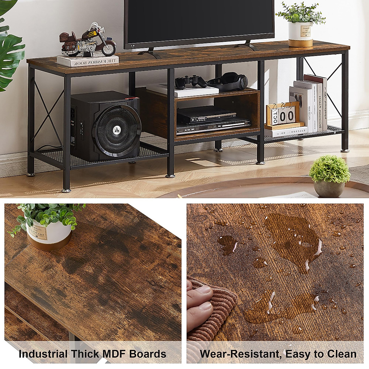 VECELO Industrial TV Stand for 70 Inch Television Cabinet 3-Tier Console with Open Storage Shelves, Entertainment Center Metal Frame for Living Room, Bedroom, 63 Inch, Dark Brown