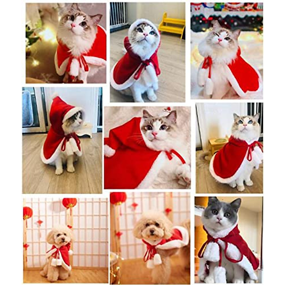 Pet Christmas Costume, Dog Cat Cape with Hat Santa Claus Cloak, Christmas Outfits Costume for Cats and Small Dogs Red(Large)
