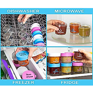 PreppyBaby 4 oz Glass Baby Food Storage Containers with Lids - Pack of 12 Reusable Dishwasher & Microwave Safe Food Jars w/ 2 Bamboo Infant Spoons, Recipe Booklet & Non-Toxic Easy Erase Marker (Blue)