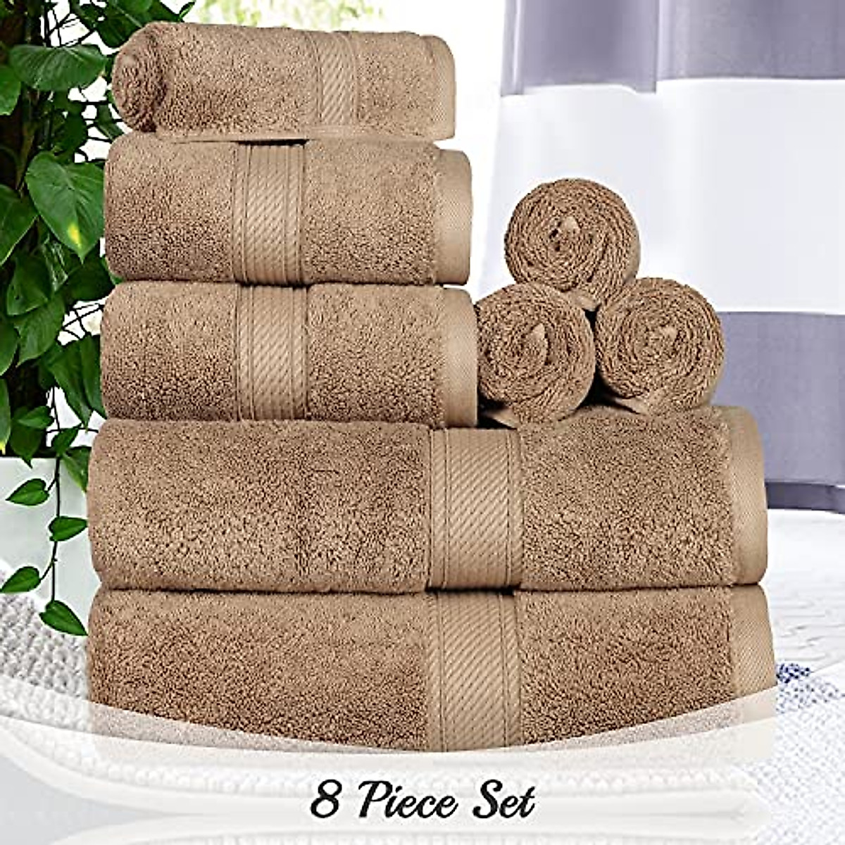Superior Egyptian Cotton Pile 8 Piece Towel Set, Includes 2 Bath, 2 Hand, 4 Face Towels/Washcloths, Ultra Soft Luxury Towels, Thick Plush Essentials, Guest Bath, Spa, Hotel Bathroom, Latte