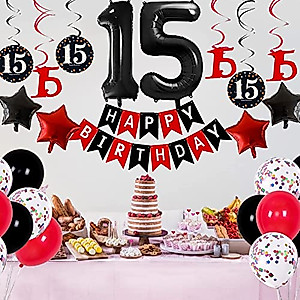 15th Birthday Decorations for Girls Boys, Red Black 15th Birthday Party Supplies for 15 Years Old Bady Decor for Teenagers HAPPY BIRTHDAY Banner Spiral Pendants 40 Inch Number 15 Foil Balloons