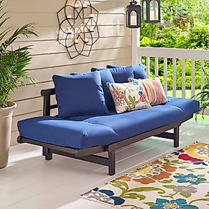 Outdoor Convertible Sofa Daybed Futon Deep Seating Adjustable Wood Patio Furniture with Blue Cushions