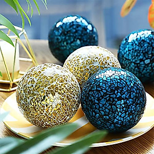 Honeydak 5 Pieces Glass Mosaic Sphere Decorative Balls for Centerpiece Bowls Turquoise Decorative Glass Balls Orbs Decorative Vases Fillers for Home Decoration Dining Table Bowls Tray, Blue,gold