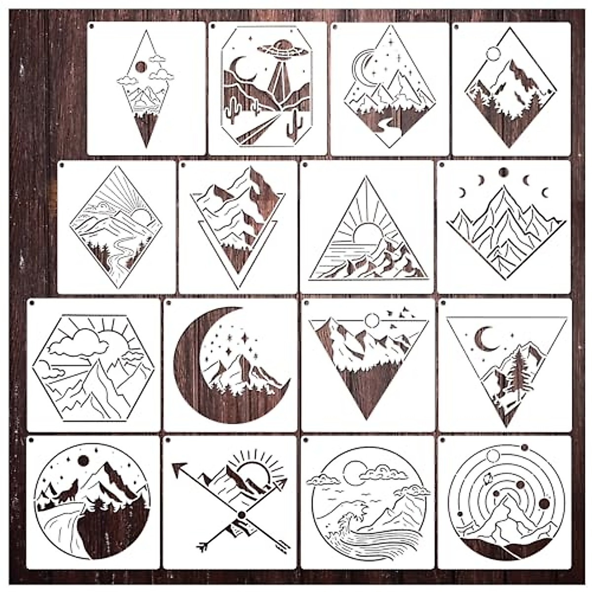 Pkqon Boho Stencils for Painting Nature Mountain Moon Sun Drawing Stencil Leaf Landscape Paint Template on Wood Wall Art Crafts Shirt Canvas Furniture Paper (Mountain) white