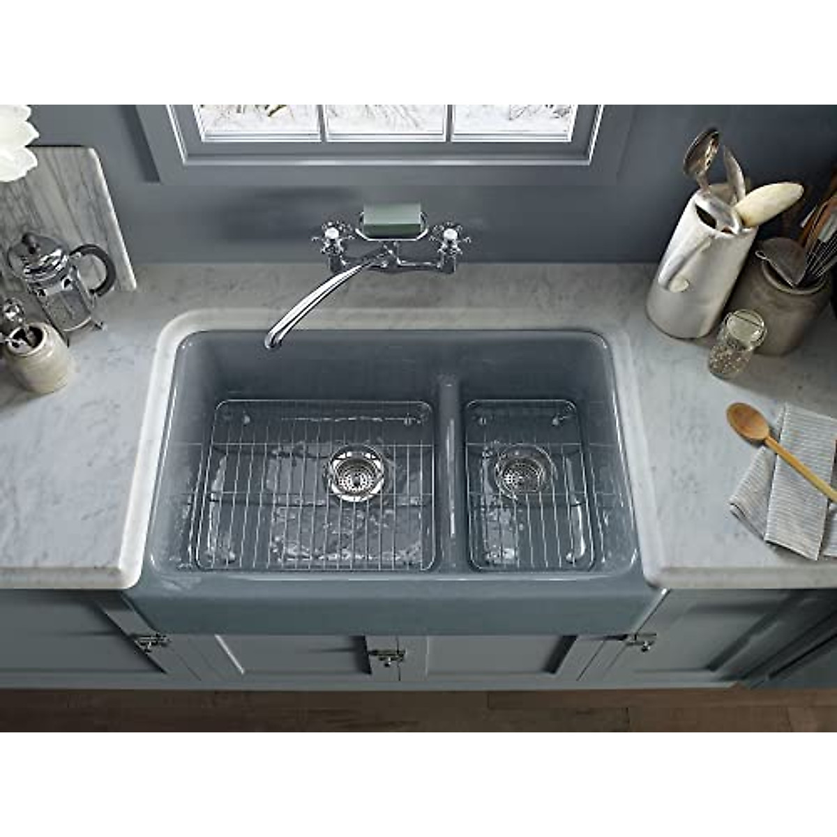 Whitehaven 35-11/16 In. x 21-9/16 In. Self-Trimming Smart Divide Undermount Large/Medium Double-Bowl Kitchen Sink with Tall Apron, White