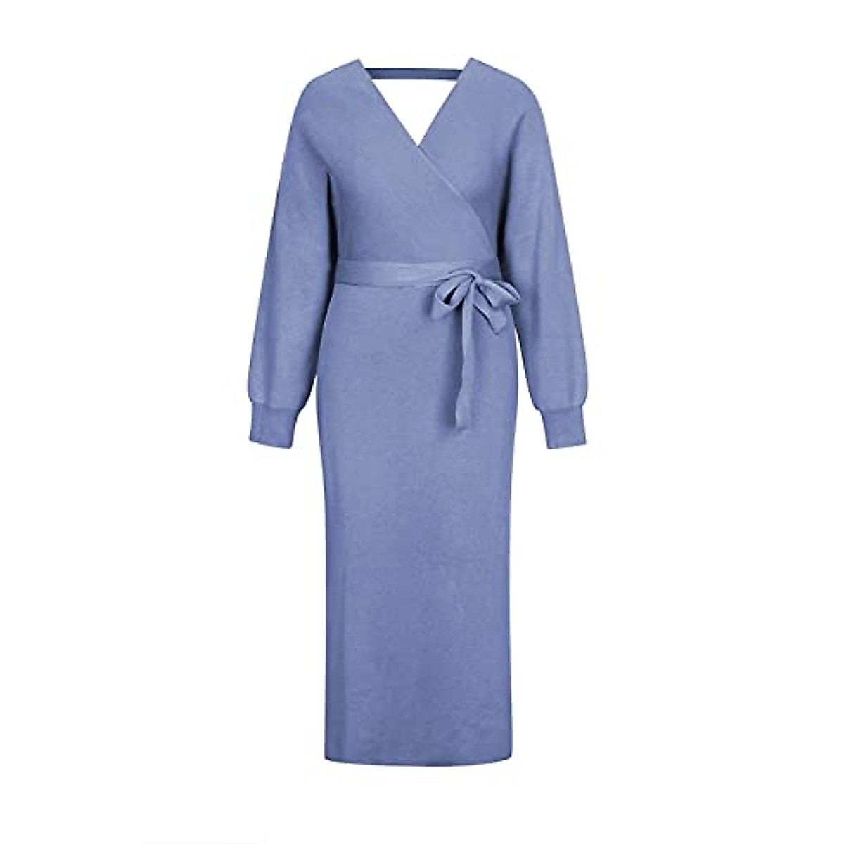 Selowin Women Elegant V Neck Wrap Backless Bodycon Batwing Sleeve Slit Belted Knited Sweater Dresses Blue X-Large