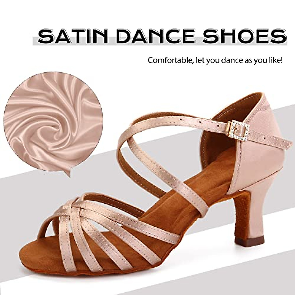 JUODVMP Women's Ballroom Latin Salsa Shoes Satin 5-Straps Braided with Suede Sole Heels,8 US