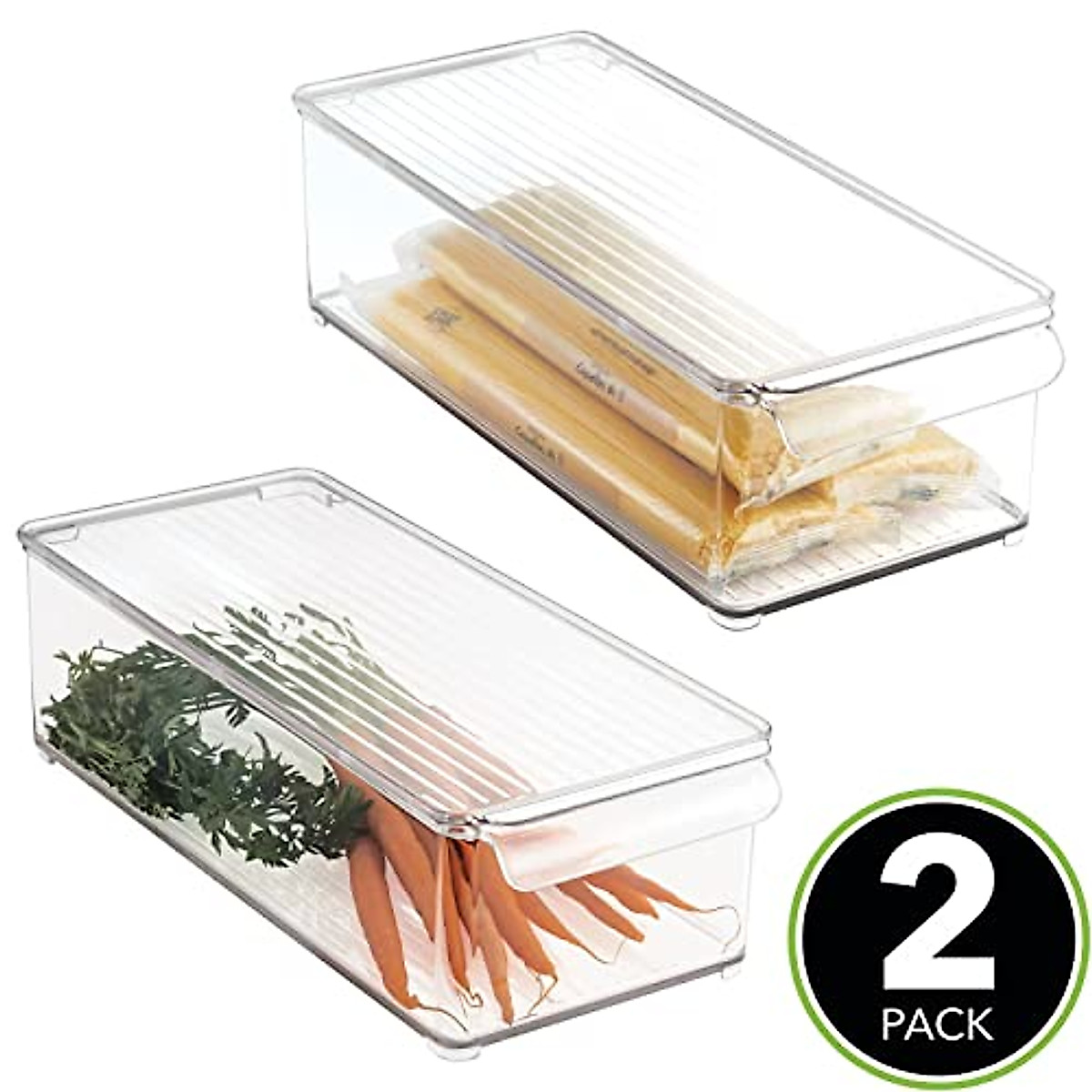 mDesign Slim Plastic Food Storage Container Bin with Lid and Front Handle for Kitchen, Pantry, Cabinet, Fridge and Freezer - Organizer for Snacks, Produce, Vegetables, Pasta, Drinks - 2 Pack - Clear