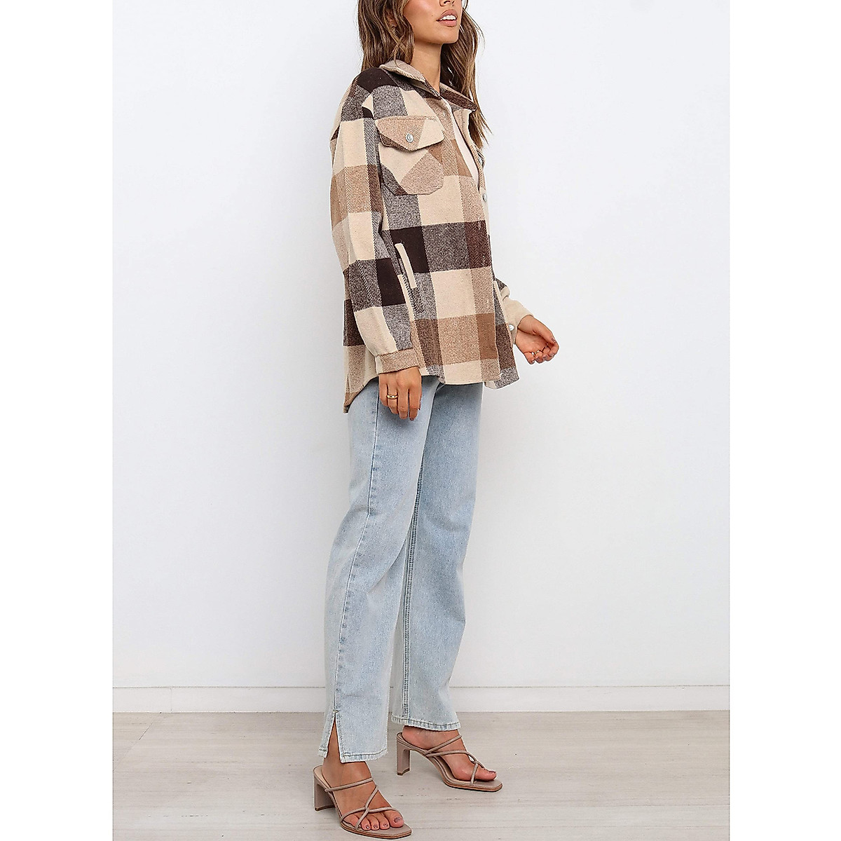 UANEO Womens Plaid Shacket Button Down Wool Blend Fall Flannel Shirt Jacket (Brown-L)