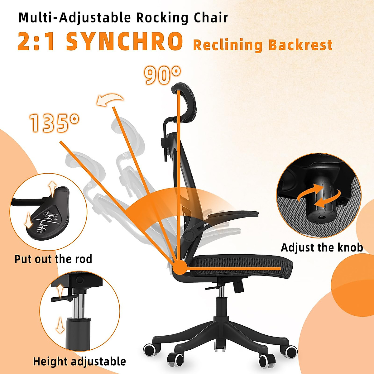 Ergonomic Office Chair, High Back Desk Chair, Breathable Mesh Desk Chair with Lumbar Support, Adjustable Headrest and Flip-Up Arms, Swivel Task Chair with Adjustable Height (Black)