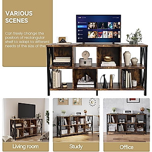 SOMEET 8 Cubes Open Bookshelf with Back Panel, Horizontal Organizer Cubby Storage Bookcase with Legs, Industrial Rustic Wood and Metal Long Display Cabinet Shelf for Living Room, Walnut Brown
