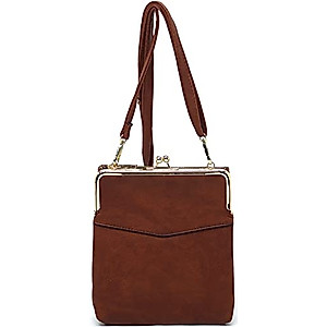 Fashion Kiss Lock Crossbody bag Double Compartment Crossbody Bag Multi Pocket Crossbody bag Satchel Purse (Brown)