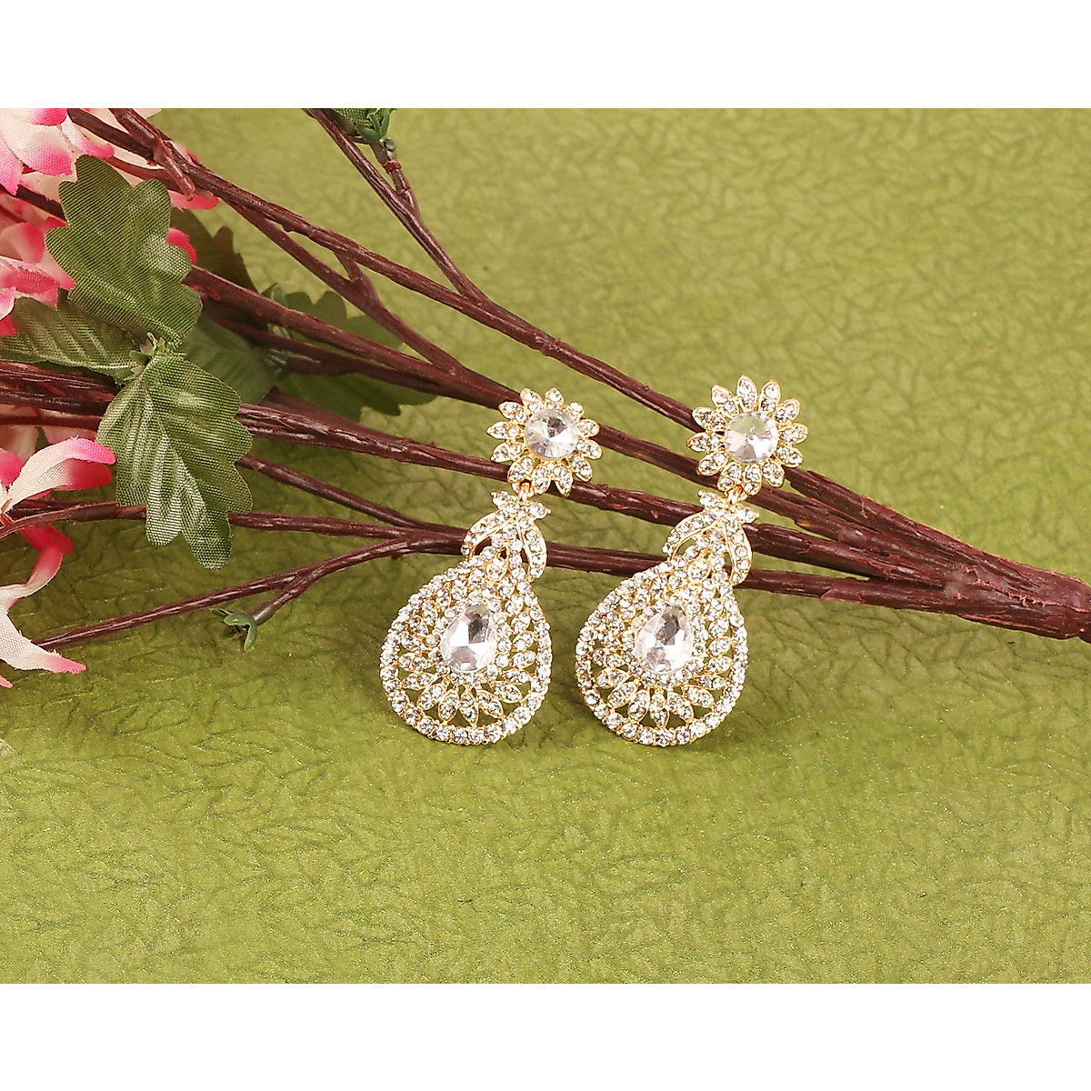 Touchstone Indian Bollywood Beautifully Hand Finished Victorian Studded Look White Rhinestone Designer Jewelry Chandelier Earrings In Gold Tone For Women.
