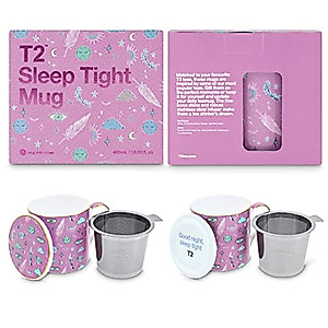 T2 Tea Iconic Fine Bone China Mug with Stainless Steel Infuser, Sleep Tight (400ml / 13.5floz), 400 milliliters, Pink (H210BC948)