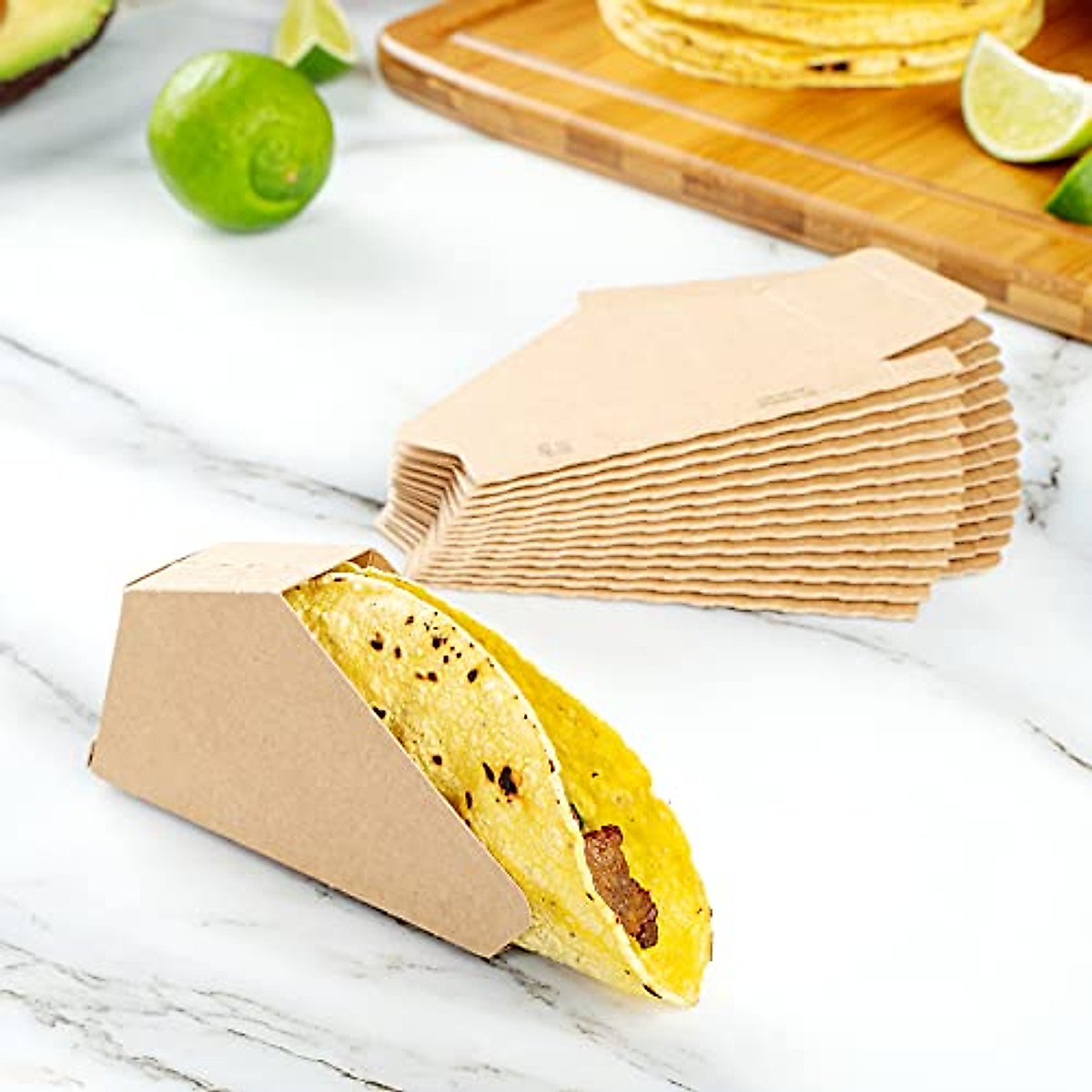 Restaurantware Bio Tek Kraft Paper Small Taco Holder - Greaseproof - 4" x 1 1/4" x 2 1/4" - 200 count box