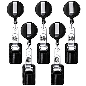 5 Pieces Retractable Pull Pen Pencil Holder Pen Lanyard Leather Portable Pencil Pen Badge Reel Clip for Carpenter Pencil Nurses Teachers Waitresses Workers Contractors School Office Supplies (Black)