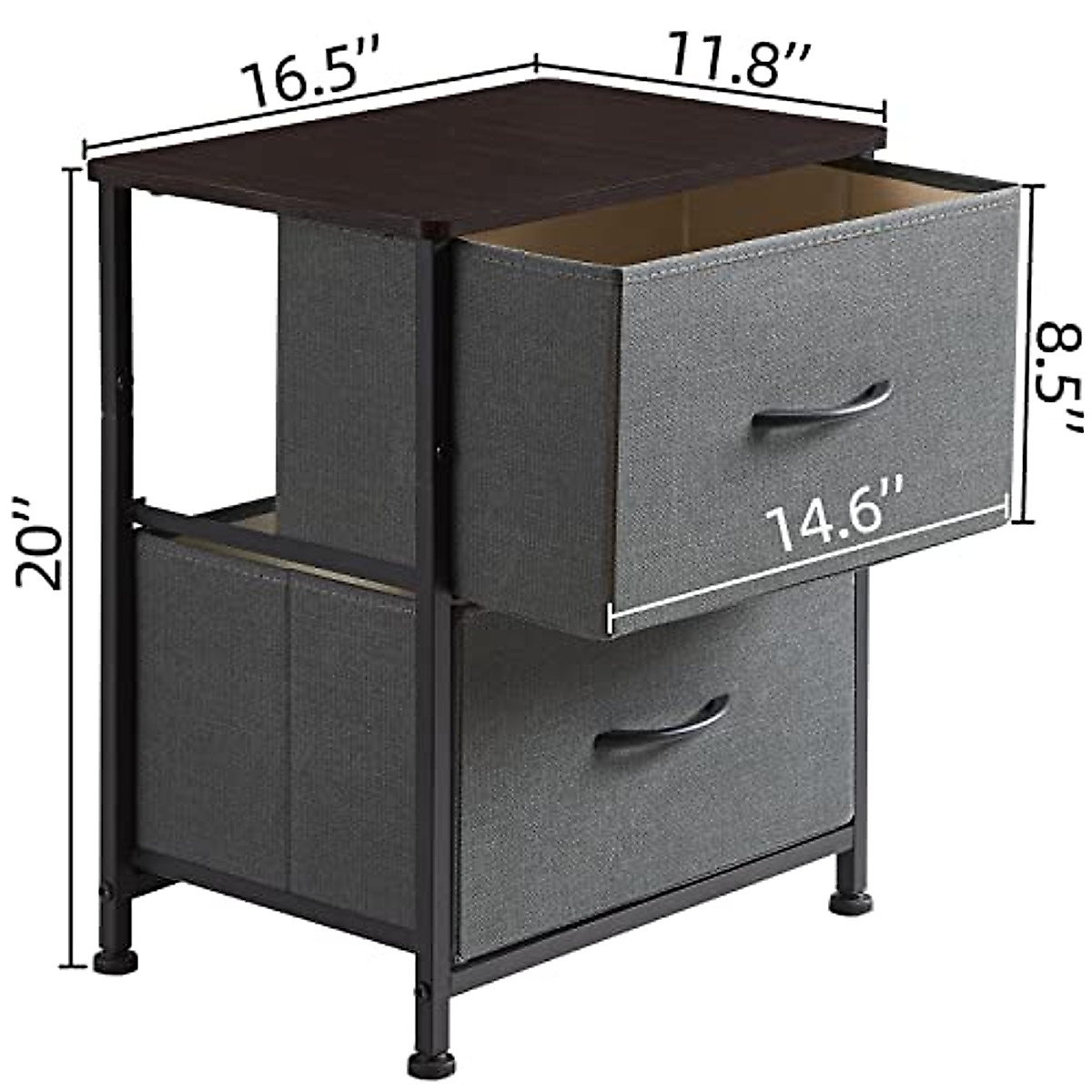 Somdot Nightstand with 2 Drawers, Bedside Table Small Dresser with Removable Fabric Bins for Bedroom Nursery Closet Living Room - Sturdy Steel Frame, Wood Top, Pull Handle - Charcoal Grey/Dark Walnut