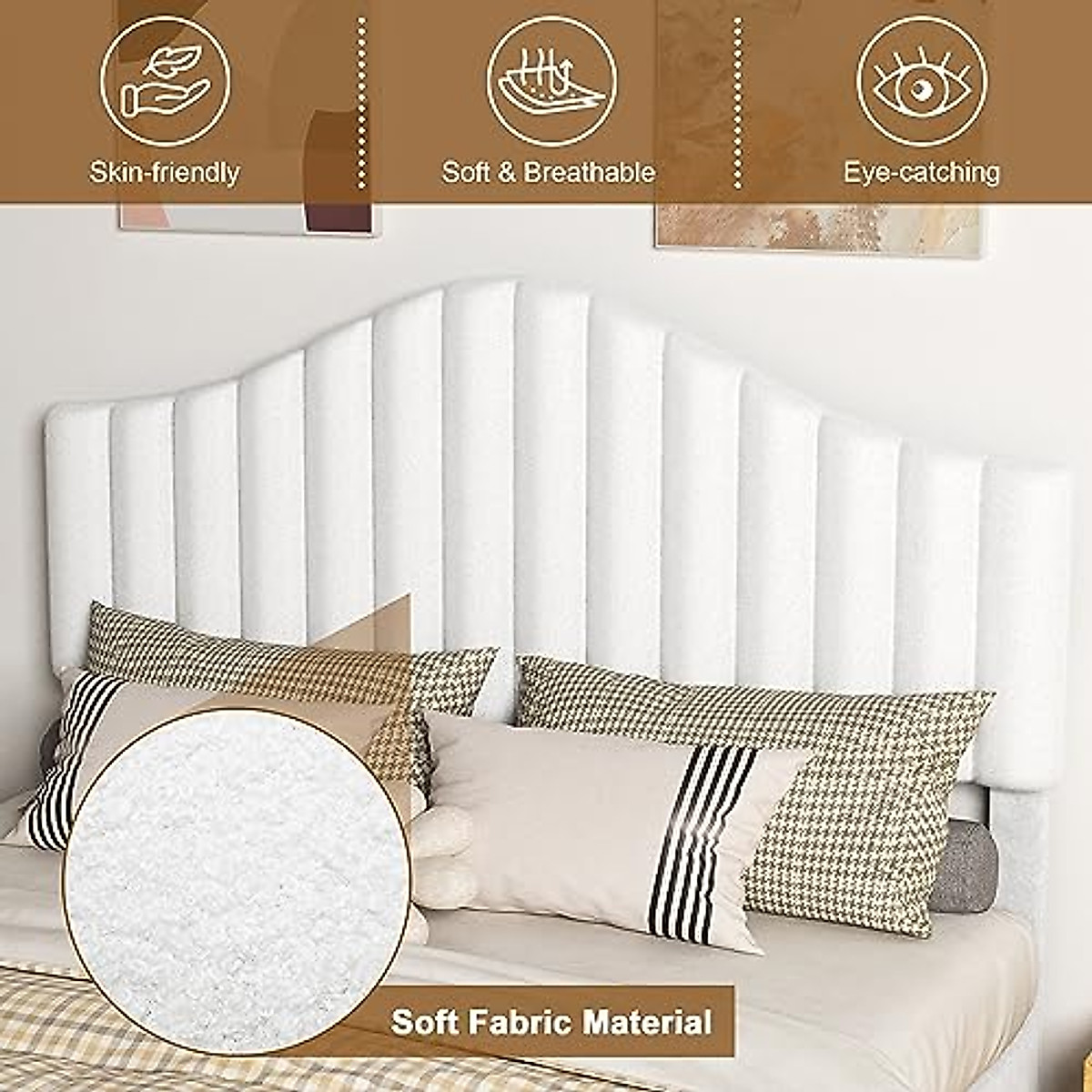 HUEOFGP Queen Size Bed Frame with Upholstered Fabric Adjustable Headboard, Platform Bed Frame with Wooden Slats Support, No Box Spring Needed, Easy Assembly, Modern, White