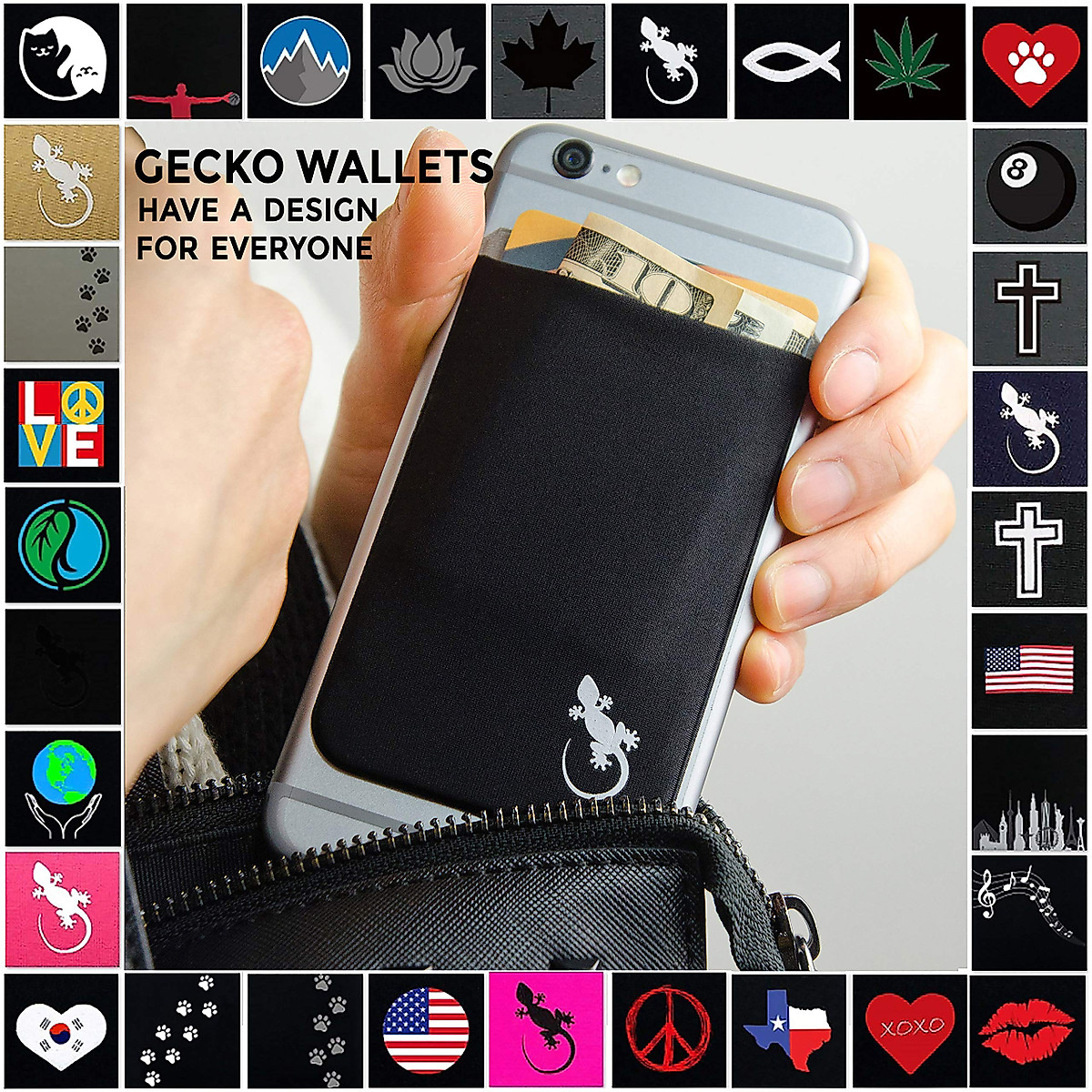 Gecko Travel Tech A Card Holder Phone Wallet Stick on - Credit Card Holders Universal to Any Cell Phone - Black/White