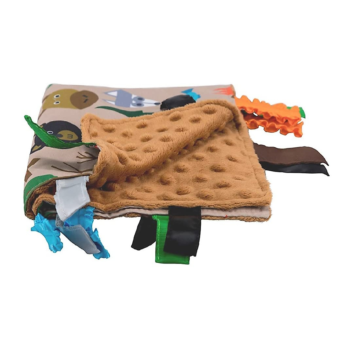 Baby Sensory, Security & Teething Closed Ribbon Tag Lovey Blanket with Minky Dot Fabric: 14”X18” (Forest)