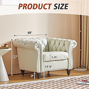 3 Piece Living Room Set, Chesterfield Faux Leather Sofa Loveseat Couch Chair with Scroll Arms and Nailhead for Living Room, Office (White)