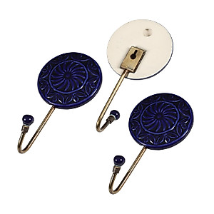 Alpha Living Home Set of 3 Ceramic Wall Coat Hooks, Round Decorative Robe Hook, Scarf, Bag, Towel, Hat etc for Kitchen Bathroom Office Farmhouse Wall Mounted Hanging - Antiue Royal Blue