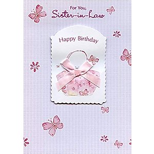 Designer Greetings Die Cut Scalloped Edge Banner with Pink Bow on Pink Purse Birthday Card for Sister-in-Law