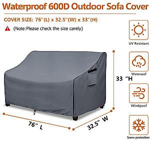 Dalema Outdoor 2-Seater Loveseat Cover,600D Heavy Duty 100% Waterproof Patio Sofa Cover,Furniture Covers for Sofa and Loveseat,76W x 32.5D x 33H Inches,Grey.