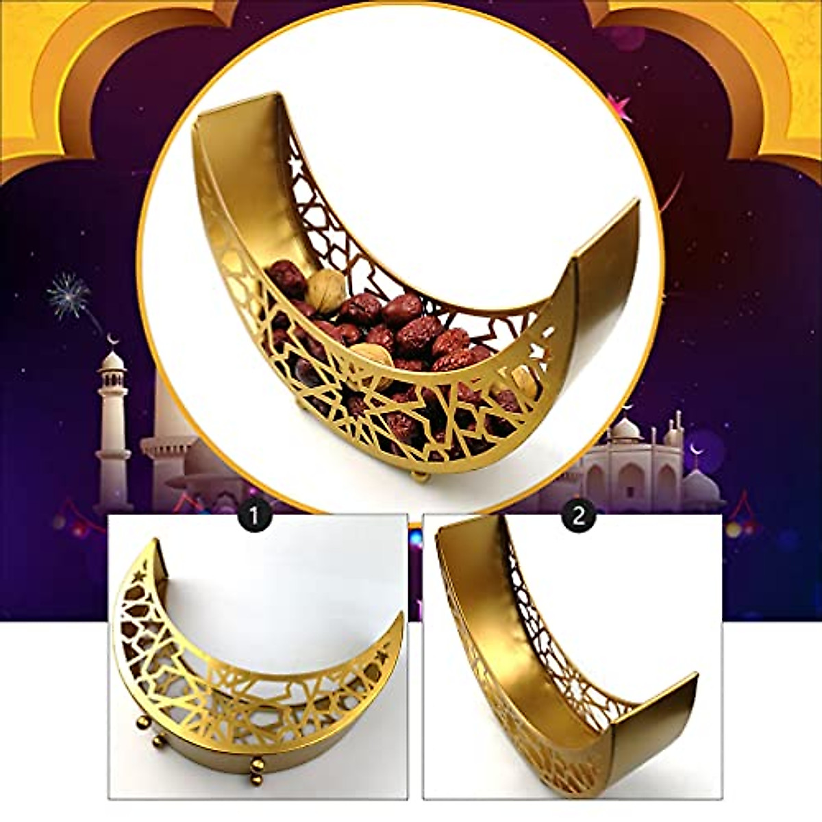 PRETYZOOM Crescent Moon Tray Ramadan Eid Mubarak Trays Platters Moon Dinner Plate Tableware Dessert Food Serving Tray Ramadan Muslim Islamic Party Supply Golden