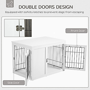 PawHut Dog Crate Furniture Wire Indoor Pet Kennel Cage, End Table with Double Doors, Locks for Small and Medium Dog House, White