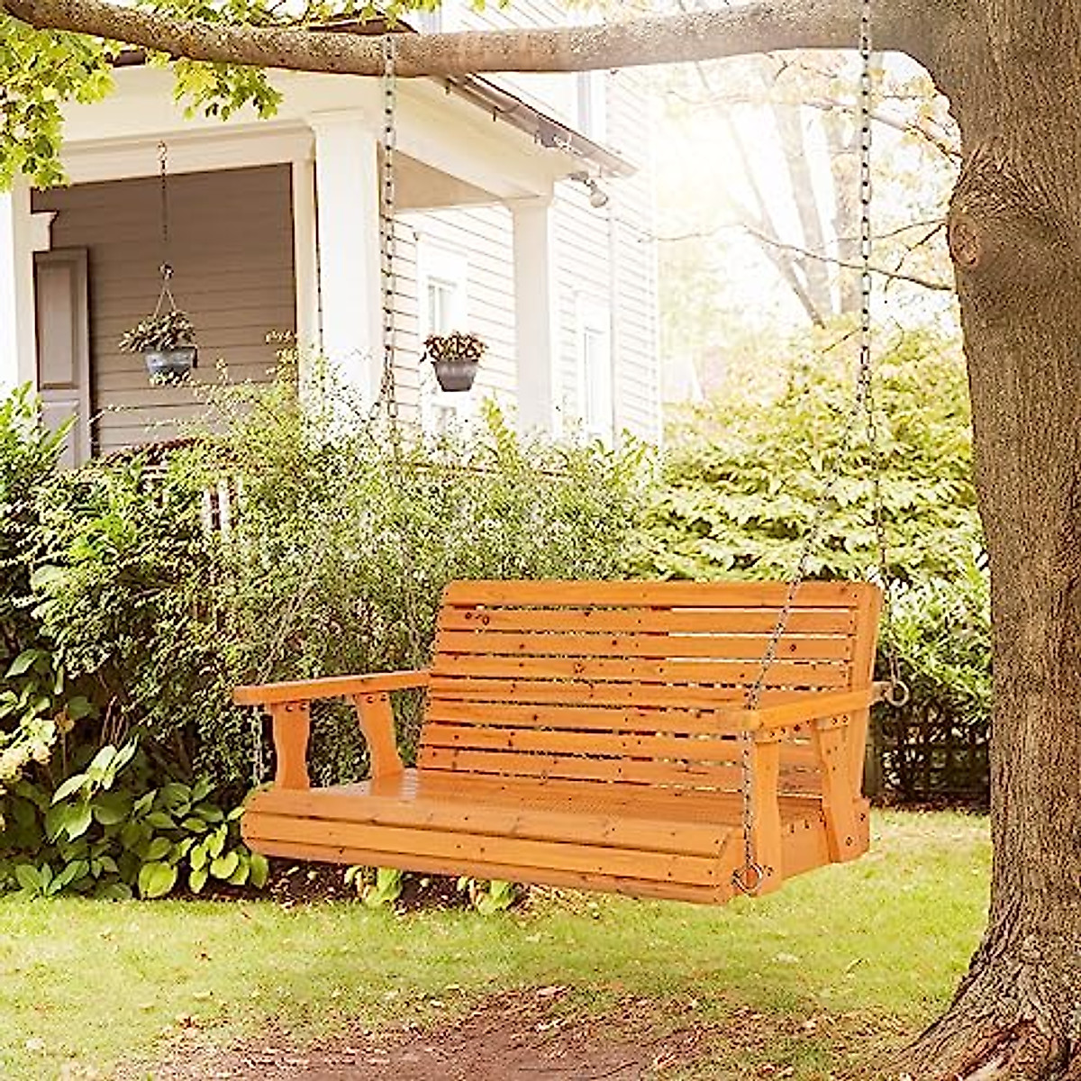 Tangkula 2 Person Hanging Porch Swing, Outdoor Bench Swing with Adjustable Chains, High Back, Cozy Armrests, Wooden Tree Swing Chair for Patio Backyard Deck Garden (Natural)