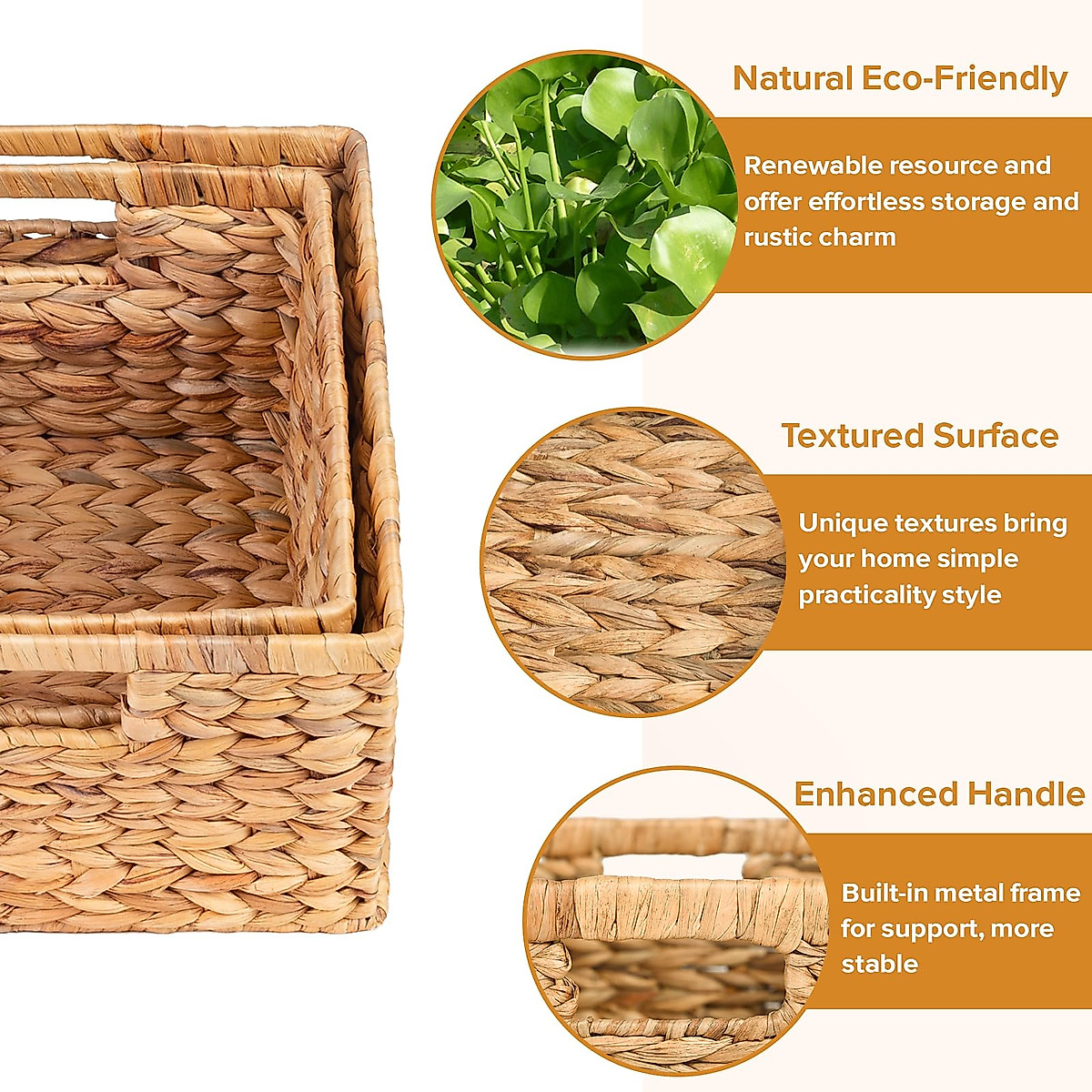 OEHID Wicker Baskets for Storage Water Hyacinth Storage Baskets Wicker Storage Basket, Large Wicker Basket Wicker Baskets for Shelves Pantry Baskets, Rectangular Storage Baskets with Handles, 2 Pack