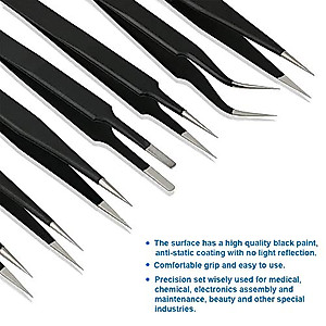 MMOBIEL 7x Precision Tweezers Set - Anti-Static Stainless Steel ESD Tweezers - For Electronics, Laboratory Work, Jewelry, Craft, Soldering and more