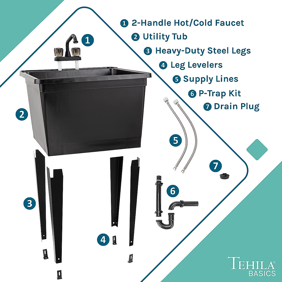Tehila Basics by JS Jackson Supplies 21-Gallon Black Freestanding Utility Sink with Black 2-Handle Faucet, Heavy Duty Plastic Laundry Tub with Adjustable Legs