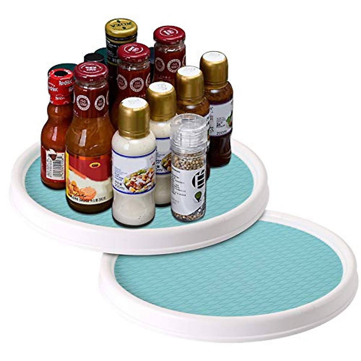 Yesland 2 Pack Non-Skid Pantry Cabinet Lazy Susan Turntable, 12 Inches Round Snack Organizer/Plastic Turntable Spice Organizer for Cabinets, Pantry, Bathroom, Refrigerator - White/Aqua