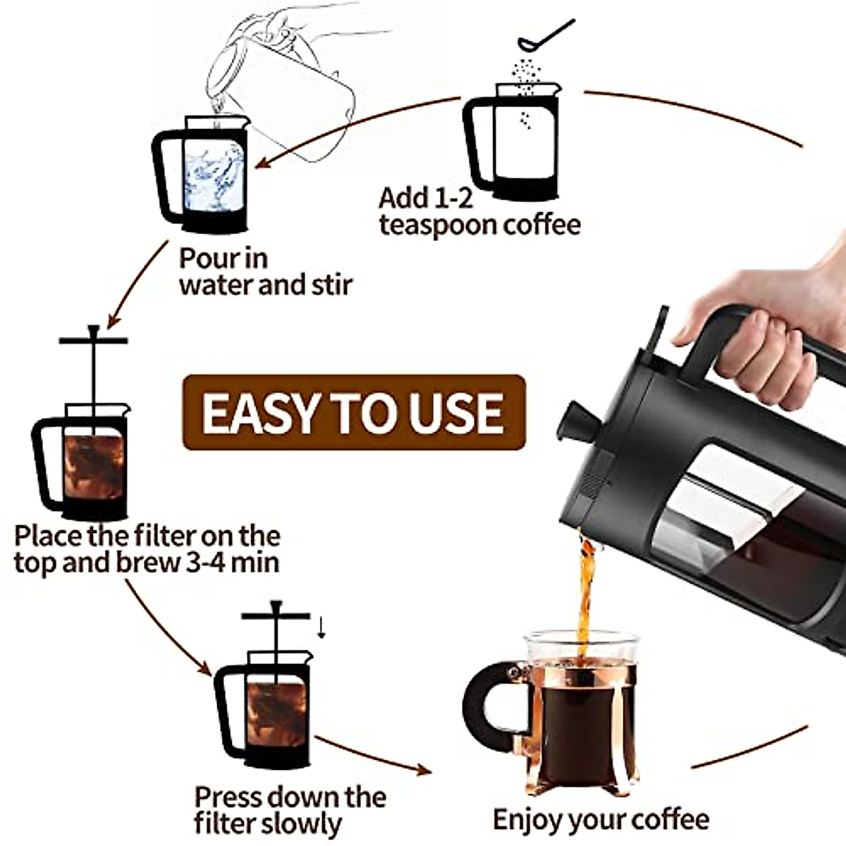 SIXAQUAE French press 34oz French Press Coffee Maker with 4 Filters Cold Brew Coffee Maker Heat Resistant Durable Borosilicate Glass 1000ml