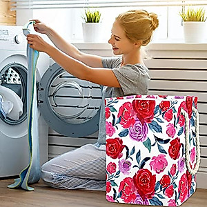 Inhomer Red Floral Pattern Large Laundry Hamper Waterproof Collapsible Clothes Hamper Basket for Clothing Toy Organizer, Home Decor for Bedroom Bathroom