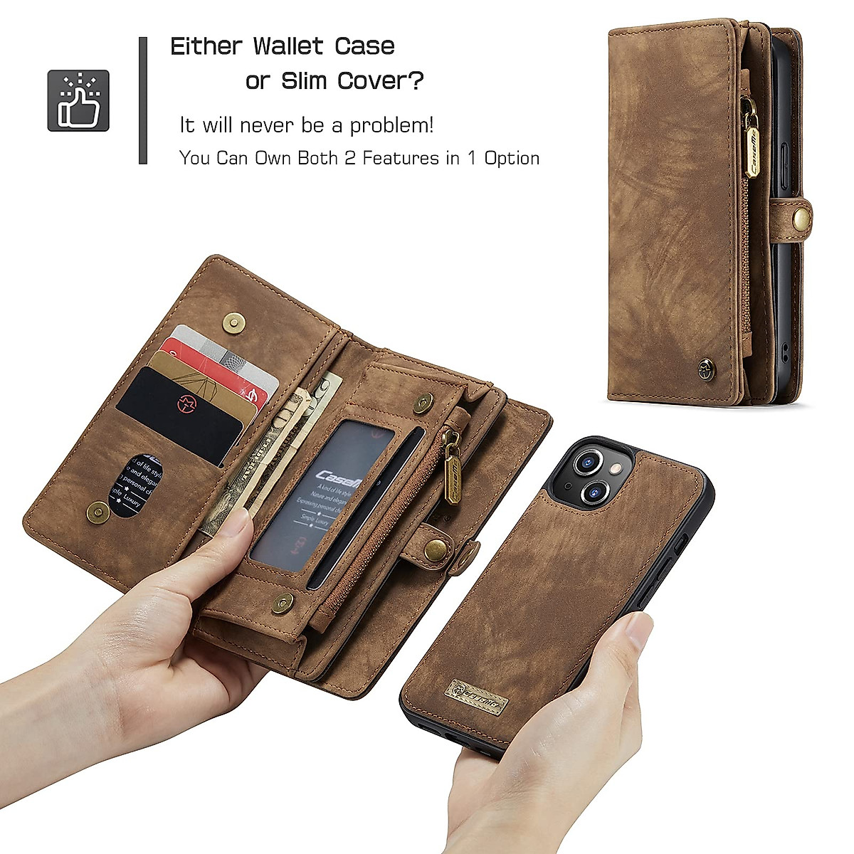 SZHAIYU Wallet Case Compatible with iPhone 13 Mini Cover with Card Holder Leather Flip Retro 2 in 1 Detachable Magnetic Zipper Pocket Thin Phone Cases 5.4' (Brown)