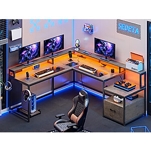 SEDETA L Shaped Desk, 66" Home Office Desk with File Drawer and Power Outlet, Corner Computer Desk with Monitor Shelf, Printer Storage Shelves, Gaming Desk with Led Lights, Two Person Desk, Walnut