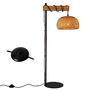 Industrial Tall Floor Lamp for Living Room Bamboo Lampshade, Black Lights Fixtures with Cord On/Off Switch E26 Base Industrial Modern Wire Wood Decoration Standing Lamp for Bedroom (No Bulb)