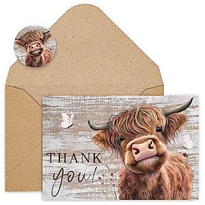 Whaline 36Pack Highland Cow Thank You Greeting Cards with Envelopes Stickers Wood Grain Farm Animal Blank Note Cards for Christmas Wedding Bridal Baby Shower Small Business Birthday Farmhouse Party