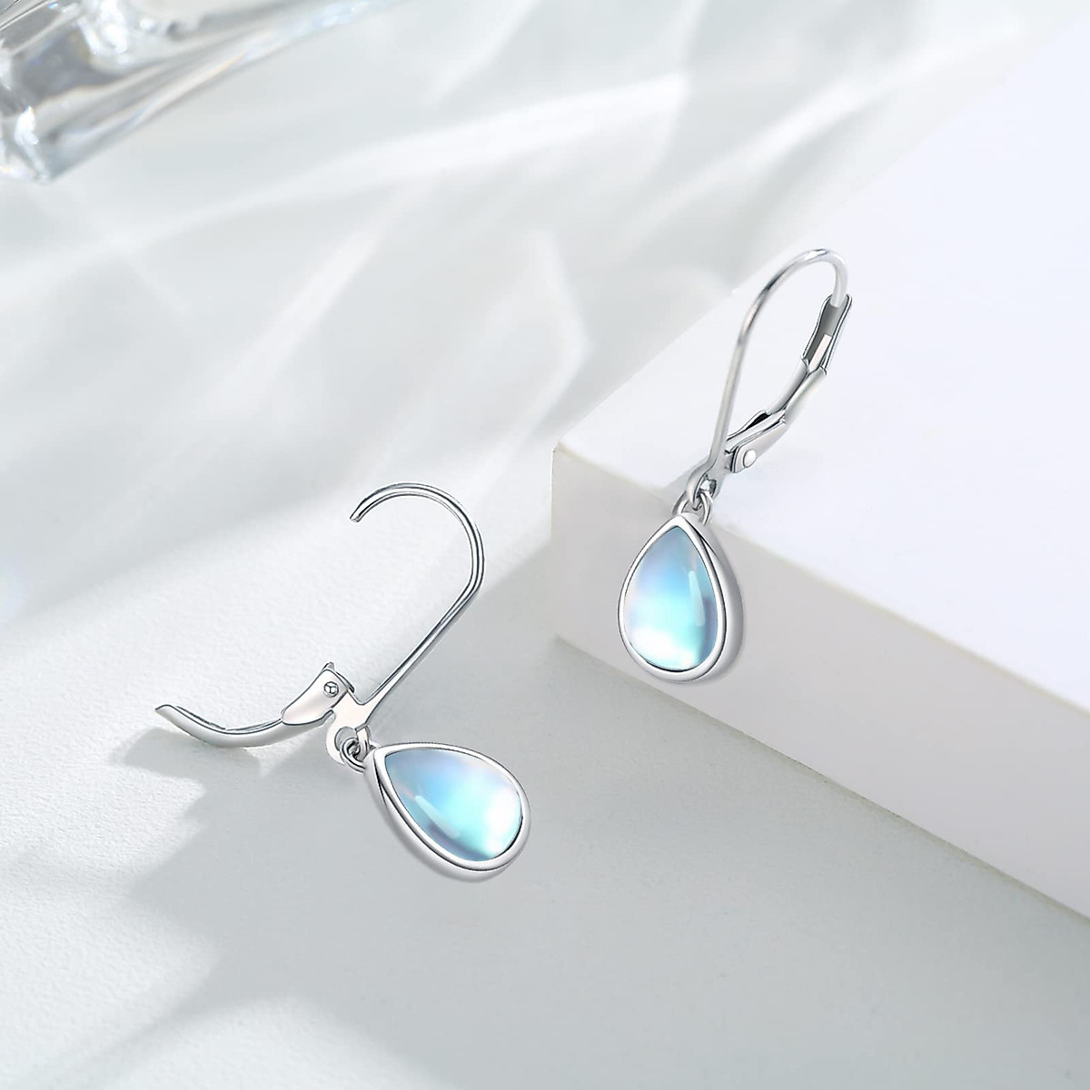 PCTJYFU Moonstone Earrings 925 Sterling Silver Rainbow Teardrop Moonstone Leverback Dangle Drop Earrings Jewelry Birthday for Women