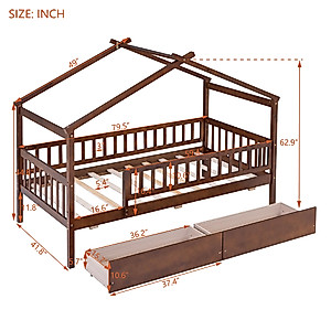 Harper & Bright Designs Twin Size House Bed for Kids, Wooden Twin Bed Frame with 2 Storage Drawers, Twin Montessori Bed with Roof & Rails Design for Girls Boys, Walnut