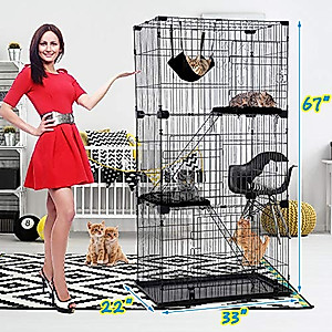 Large 3-Tier Cat Cage Pet Playpen Cat Crate Kennels 67" Height Kitten House Furniture Wire Metal Pet Enclosure w/ 3 Front Doors 2 Ladders 2 Platforms Bed Hammock for Ferret Rat Cat Chinchilla