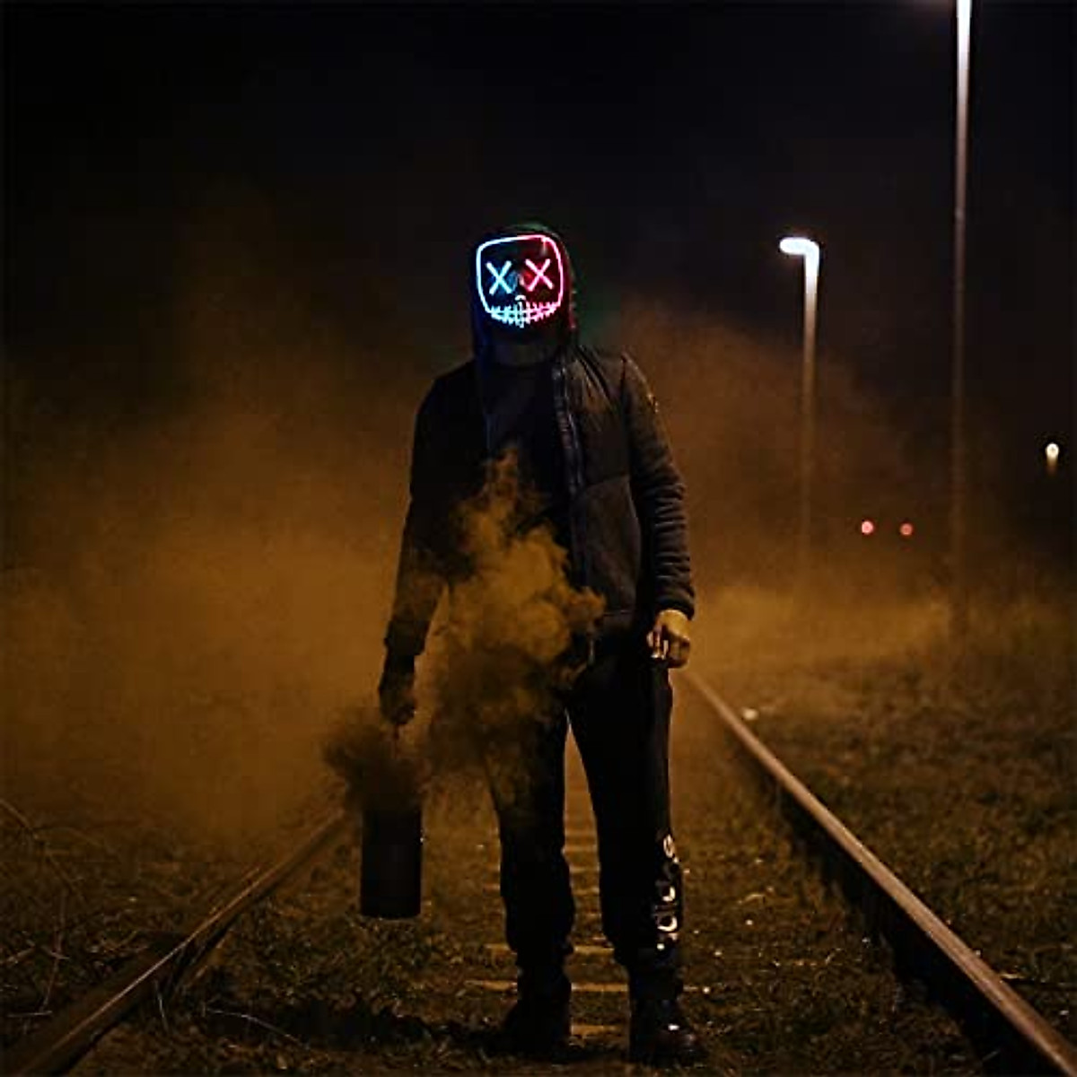 Wlevzzor Halloween LED Scary Mask Cosplay Costume Light up Purge Mask EL Wire Mask for Festival Party Halloween Gifts LED Mask (Ice Blue+Pink)