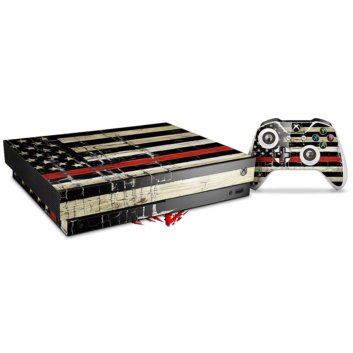 WraptorSkinz Decal Vinyl Skin Wrap Compatible with Xbox One X Console and Controller - Painted Faded and Cracked Red Line USA American Flag