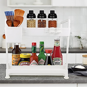 Under Sink Organizer, Sliding Cabinet Basket Organizer 2 Tier Under Bathroom Storage Rack with Hooks, Hanging Cup, Dividers, Multi-purpose Storage Shelf for Bathroom Kitchen (White)